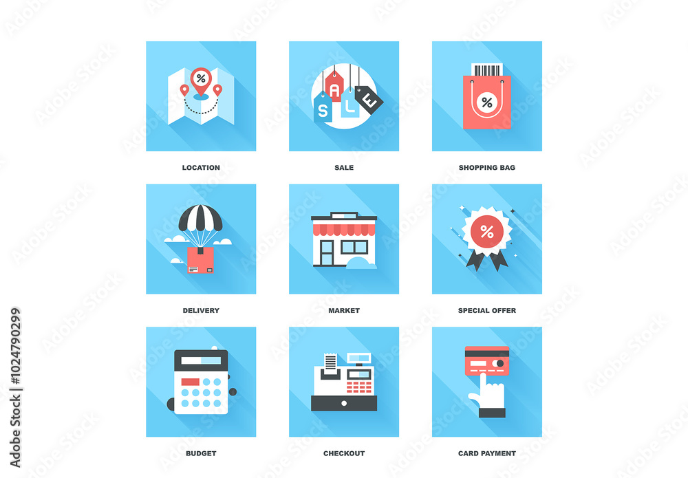 Vector set of flat shopping and commerce icons with long shadow. Icon ...