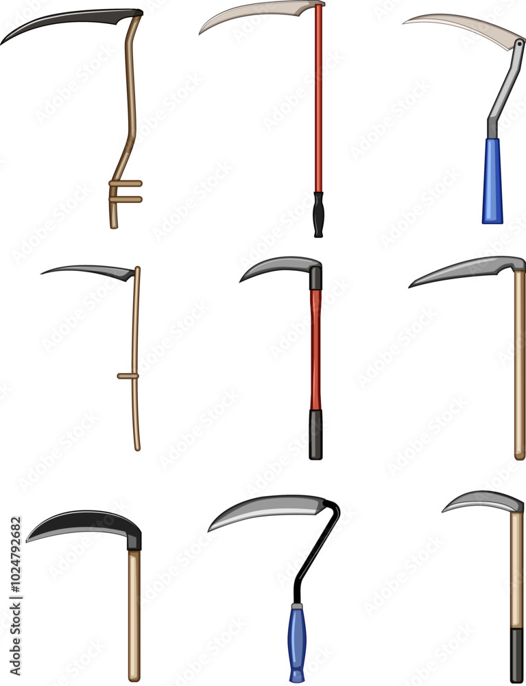 scythe set cartoon. tool grass, mowing agriculture, swing sharpen ...