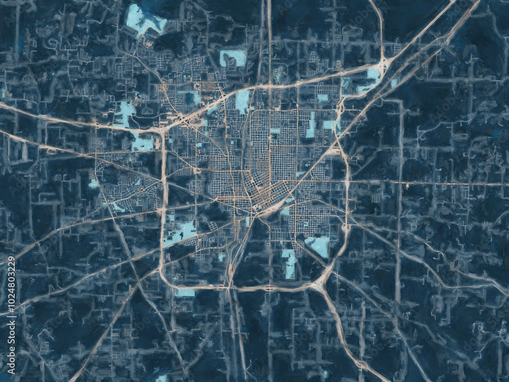 Painterly Style City Map of Texarkana Arkansas, USA in a Blue Color ...