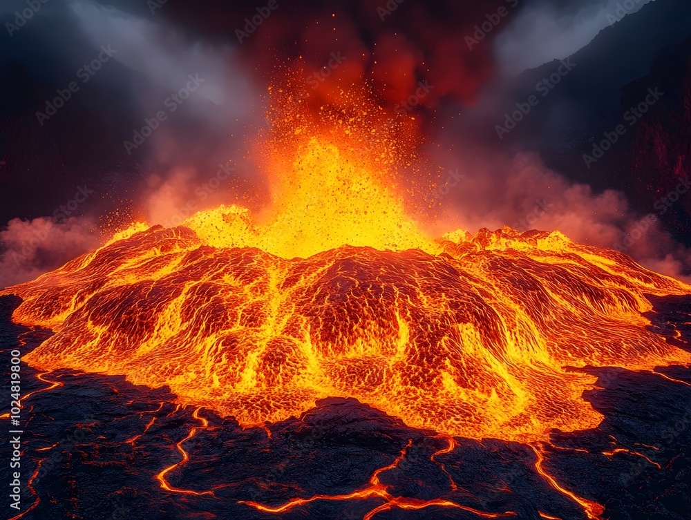 A volcano erupts, spewing molten lava and ash into the night sky. The ...