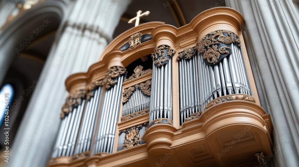 Large ornate pipe organ with gold and silver details and a wooden ...