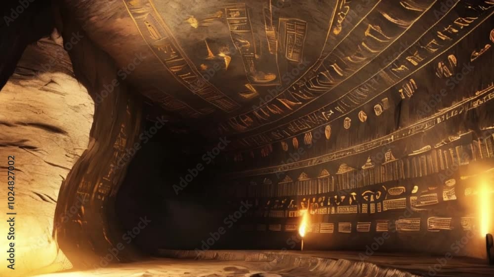 Ancient Egyptian cave adorned with intricate hieroglyphs, illuminated ...