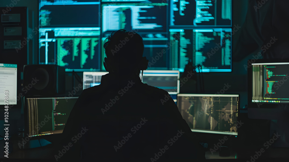 Hacker in Action: A shadowy figure in a dark room, illuminated only by multiple computer screens ...