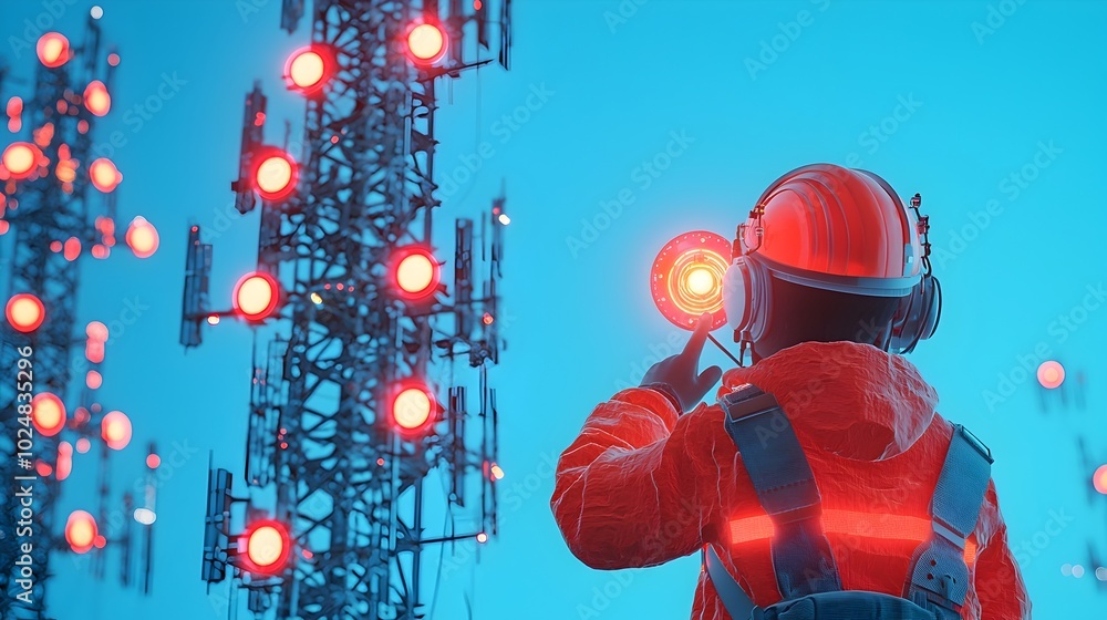 3D clay cartoon of a telecommunication engineer adjusting glowing ...