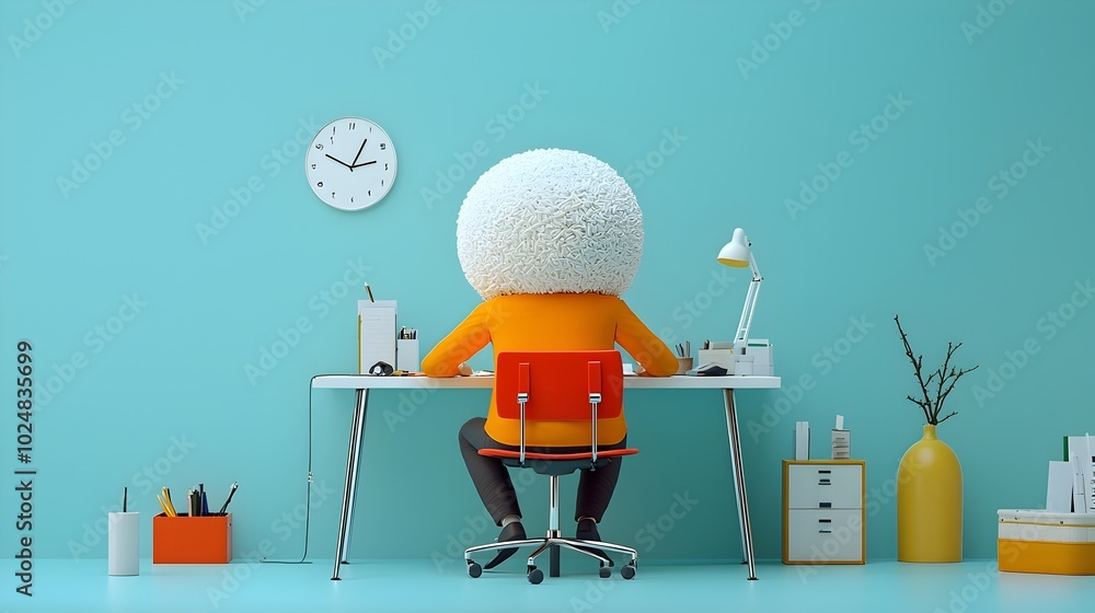 3D clay figure of an office worker hunched over a desk exhibiting signs ...