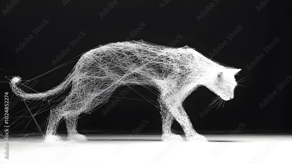 Digitally rendered mesh line panther crouching in a minimalist stylized ...