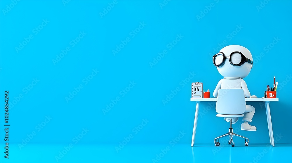Exaggerated 3D clay figure of an office worker hunched over a desk ...
