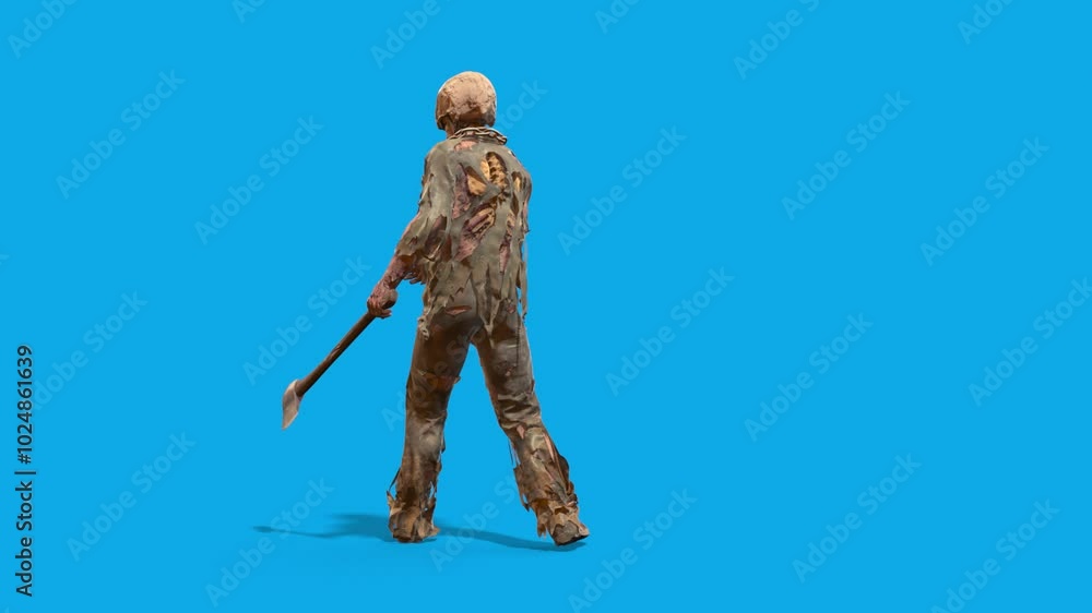 Killer Skeleton Monster Skull Strikes with Axe Blue Screen Horror ...