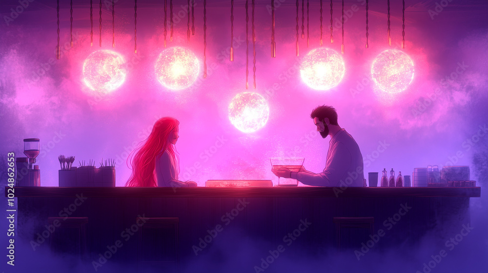 Cashier Desk at Neon Bar Counter with Two People Conversing. Stock ...