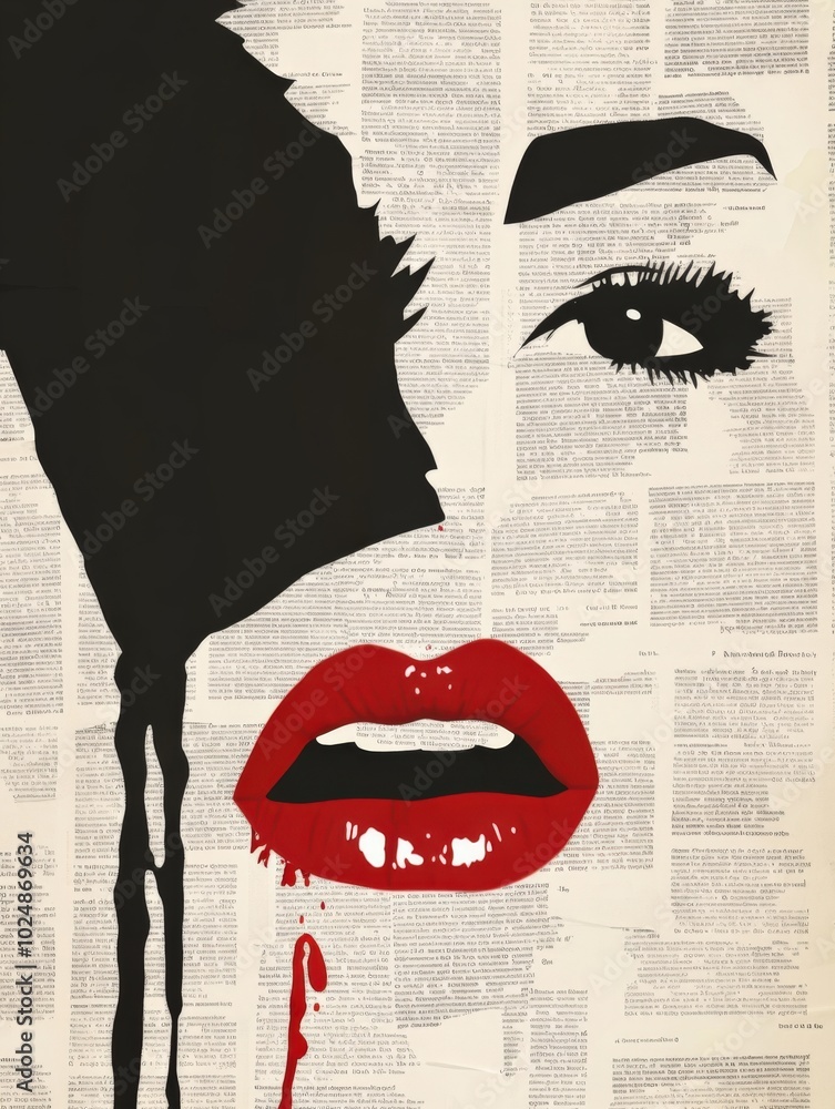 Fake news trendy vintage collage conception. Halftone lips, eyes. Woman ...