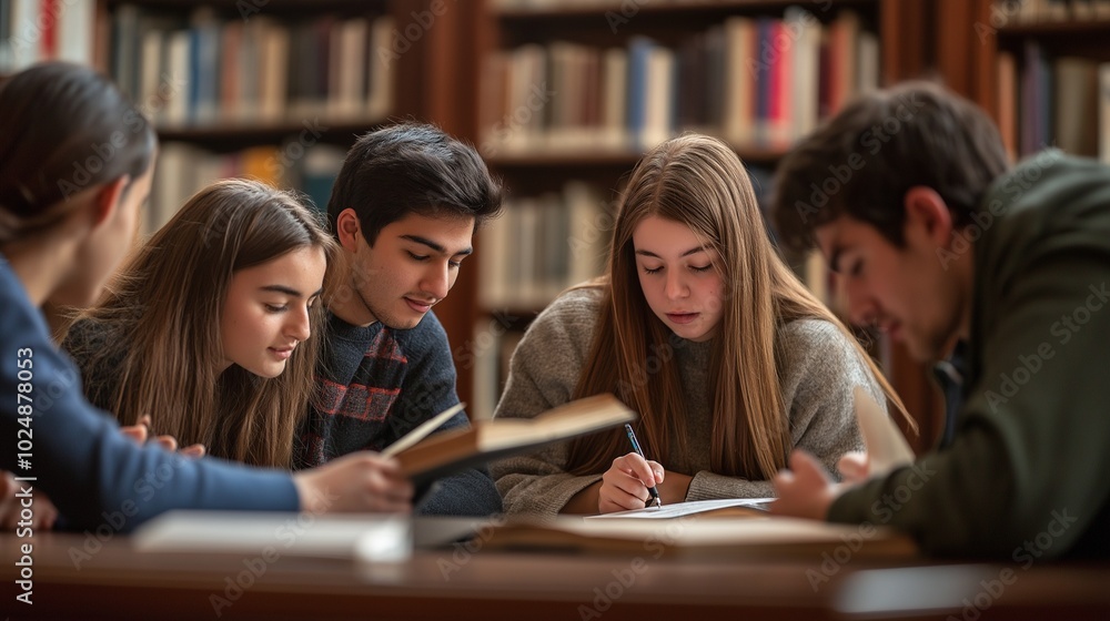 Students collaborate on a school project in the library, sharing ideas ...