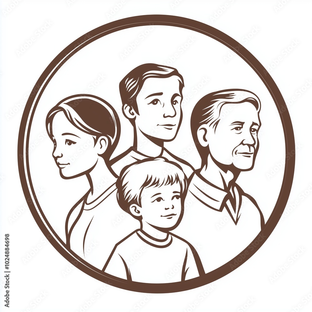 A circular illustration depicting a child, an adult, and an elderly ...