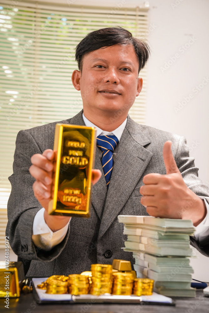Businessman doing online gold transactions emphasizes the convenience of investing in digital ...
