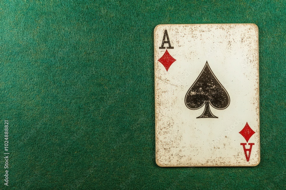 An aged ace of spades card sits prominently on a solid green background ...