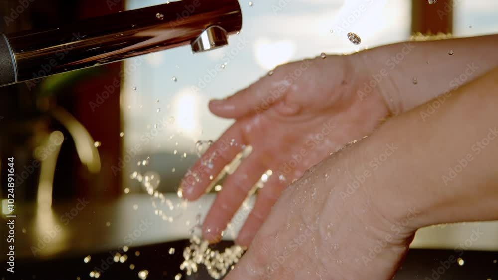 SLOW MOTION, CLOSE UP, LENS FLARE: Person shakes wet hands to remove ...