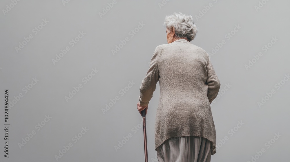 Elderly Woman With A Cane Walking Forward On A Neutral Backdrop 8340