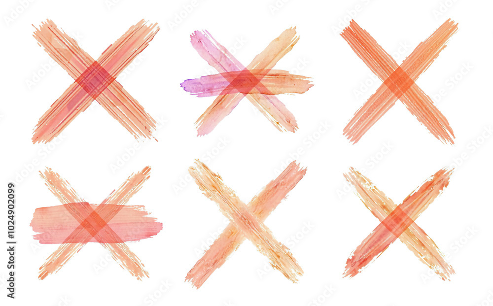 light red crossed out brush stroke set, isolated composition, X and no ...