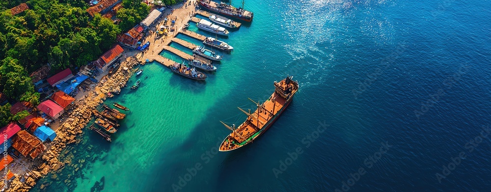 Realistic photo of a bustling harbor with boats and ships docked ...