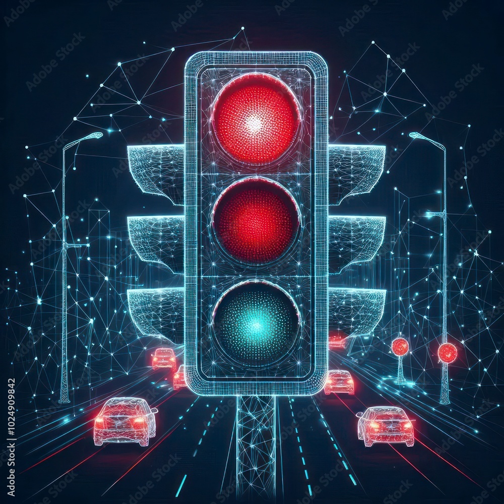 Get ready , traffic light low poly wireframe banner template. 3D get ...