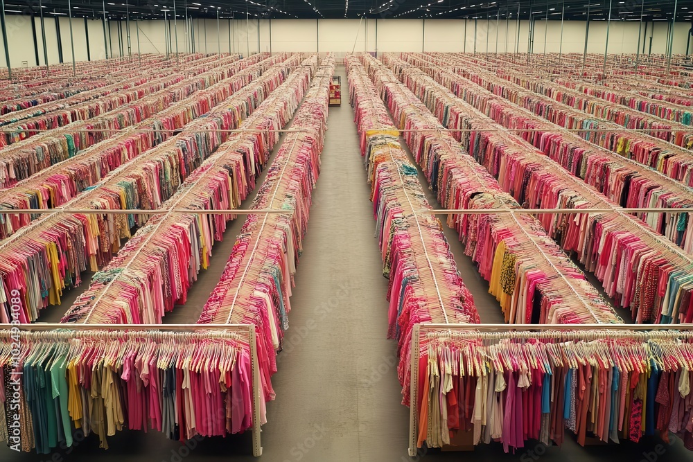 Massive fast fashion warehouse filled with endless racks of identical ...