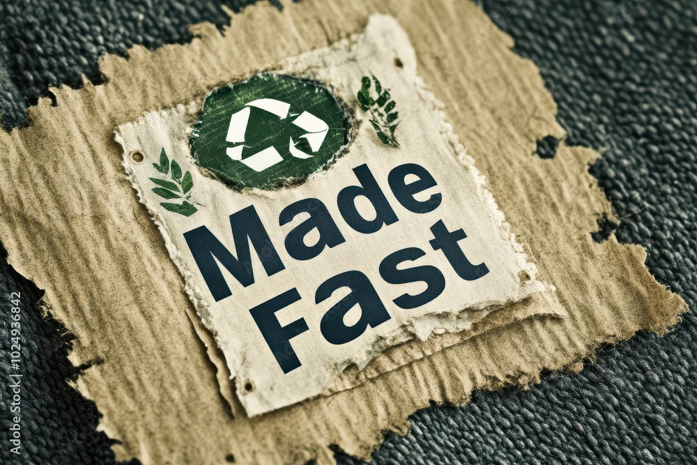 Torn clothing label reading "Made Fast" with environmental symbols ...