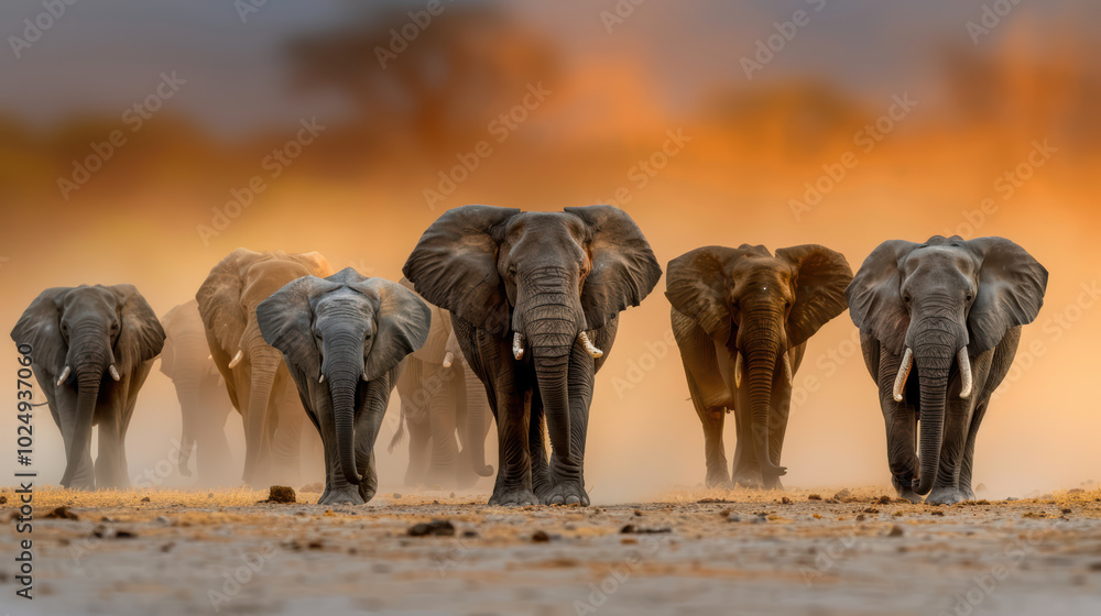 Majestic elephants walking in line against stunning sunset backdrop, showcasing their strength ...