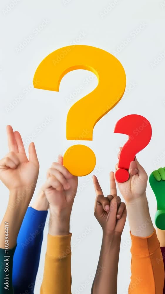 Group of people raising their hands holding colorful question marks ...