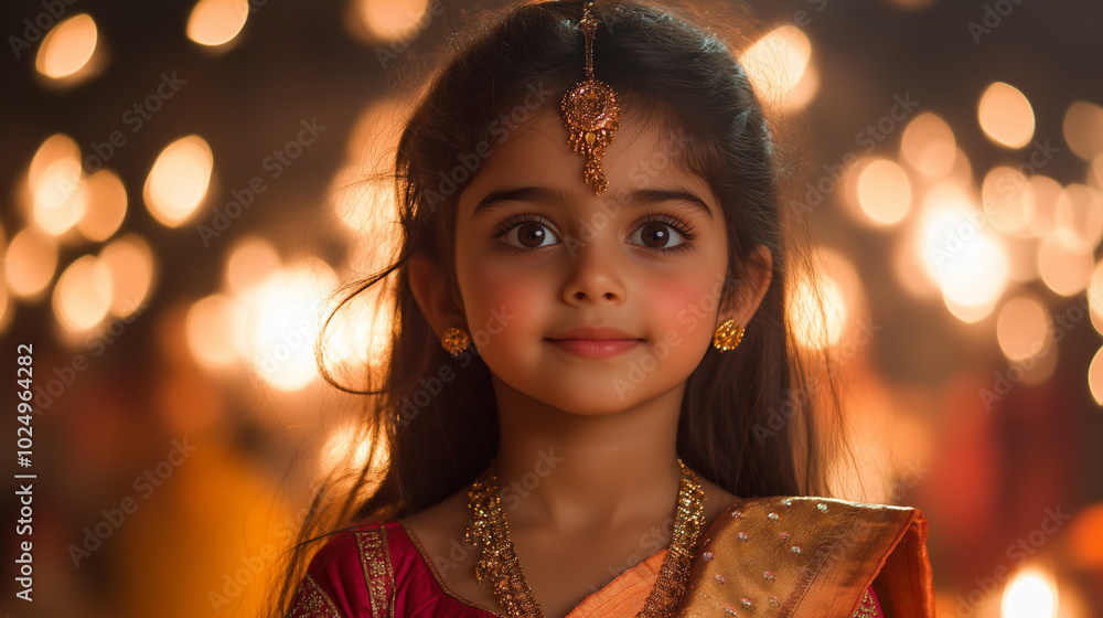 Little Indian girl in national dress looks wide-eyed at the Diwali ...