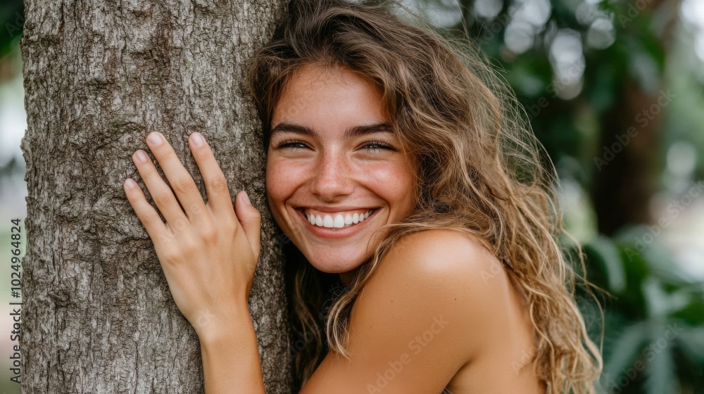 Banner of Woman hugging a big tree in a park. Womens hands hugging a ...