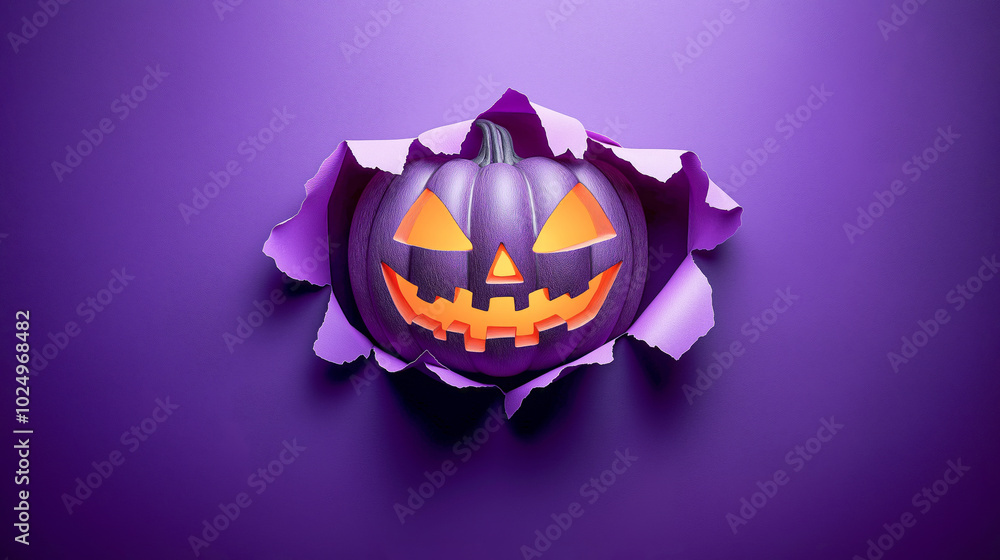 Quirky Halloween pumpkin breaking through a paper wall in the spirit of ...
