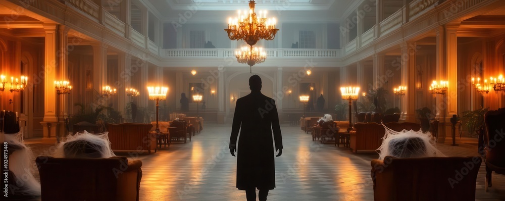 Retro Halloween haunted hotel lobby, flickering chandeliers, cobweb ...