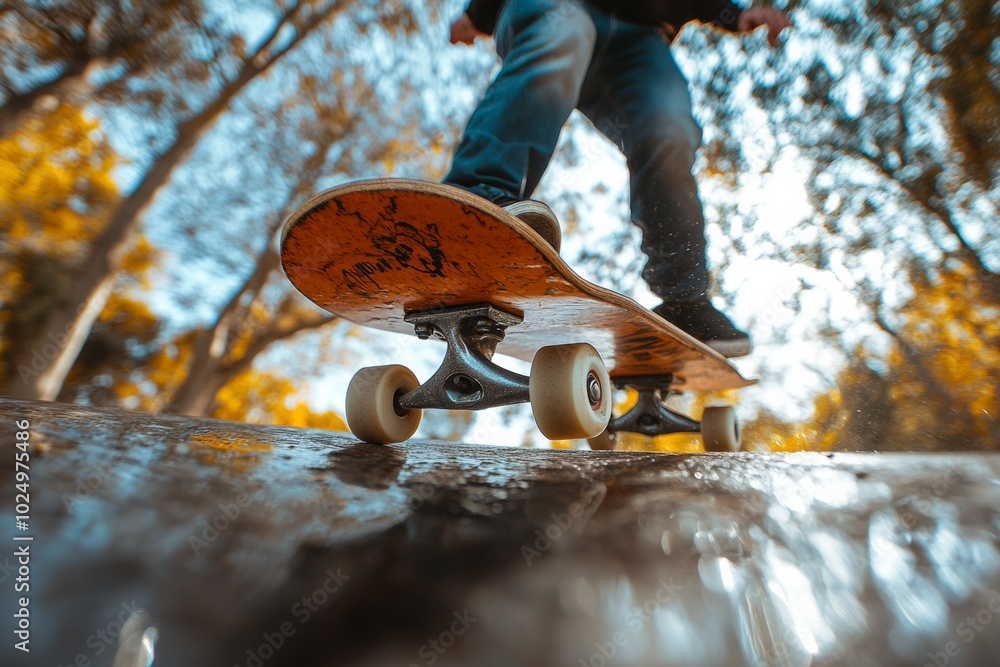 Skateboarder is riding a skateboard on a wet surface. The skateboarder ...