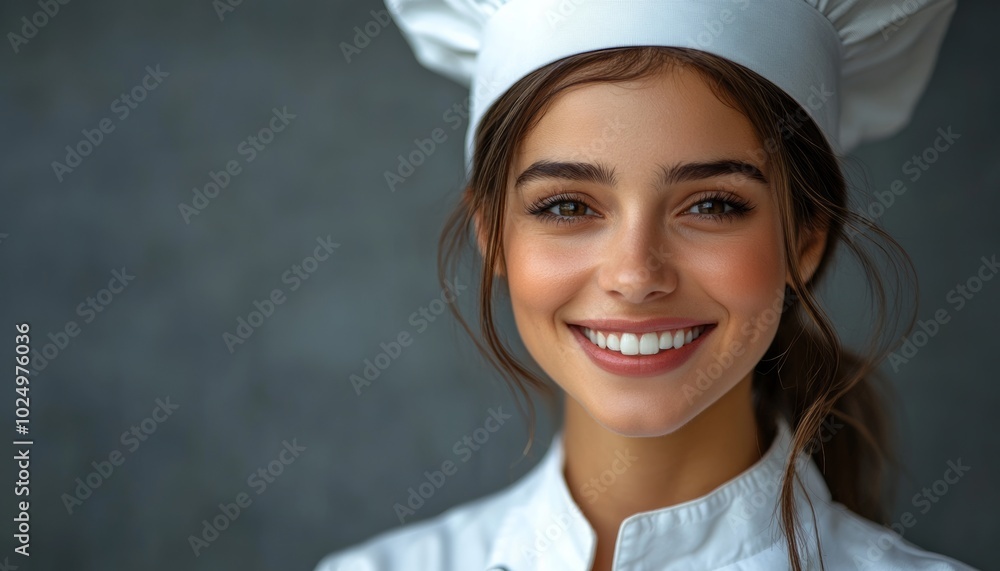 Woman wearing a chef's hat and smiling. She is wearing a white shirt ...