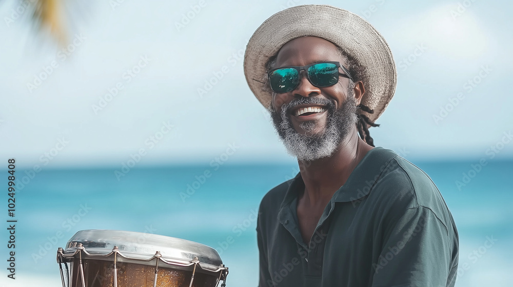 Jamaican musician playing reggae music on a beach with a steel drum ...