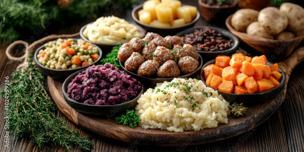 Scottish Haggis Platter, a traditional dish featuring haggis with neeps ...
