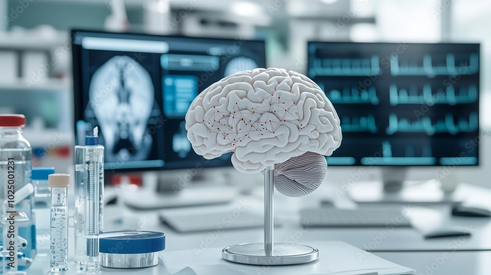 Futuristic neurology lab with brain activity mapping and neural network ...