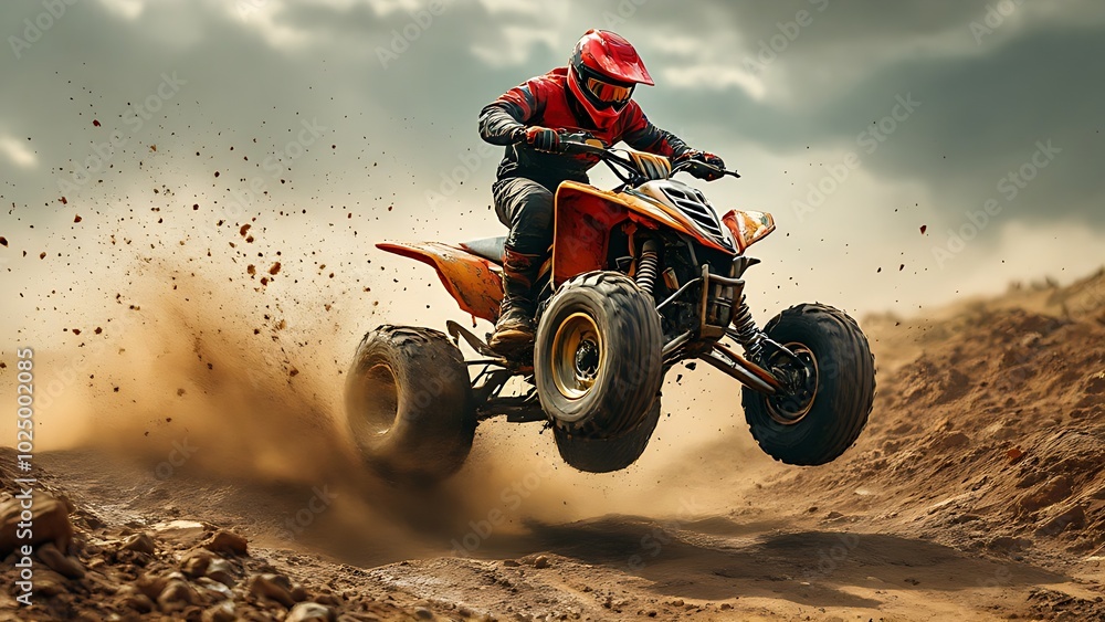 A person riding an all-terrain vehicle (ATV) jumps over a dirt track ...