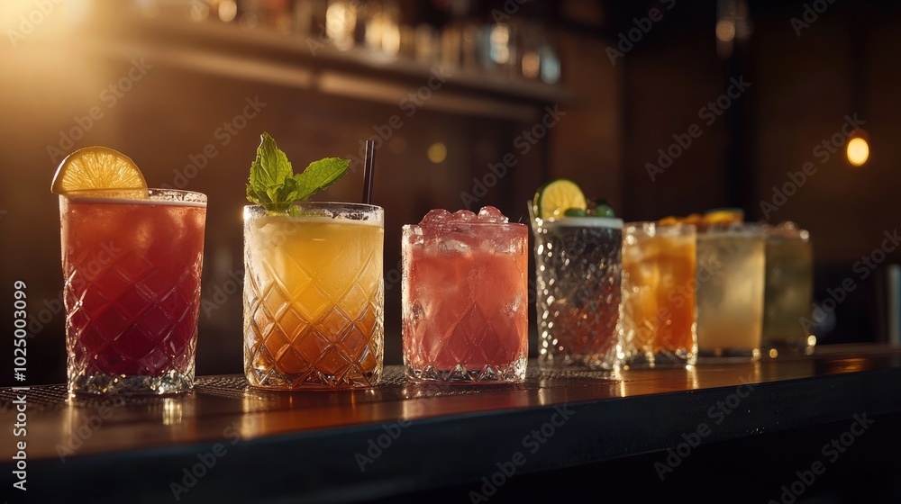 A row of crafted cocktails on a bar counter, with their vibrant colors ...