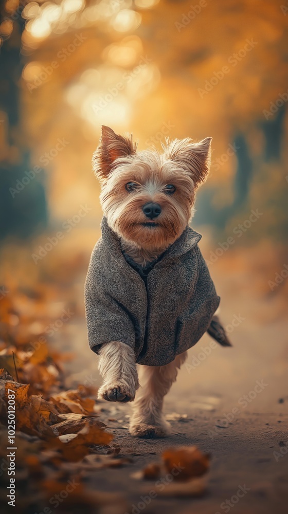 Yorkshire Terrier walks on autumn path, wearing authentic coat. Dog ...