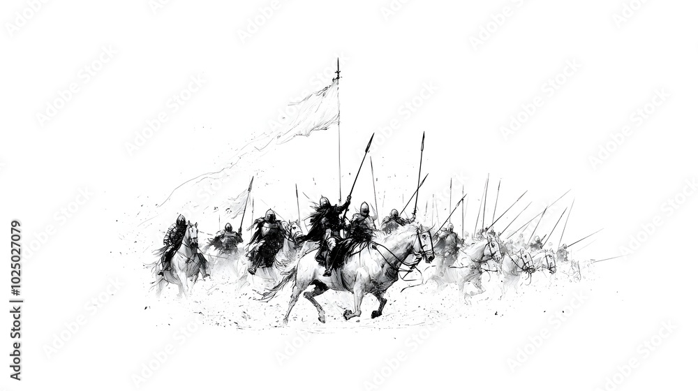 Dramatic Black Line Drawing of a Cavalry Charge Across the Plains with ...
