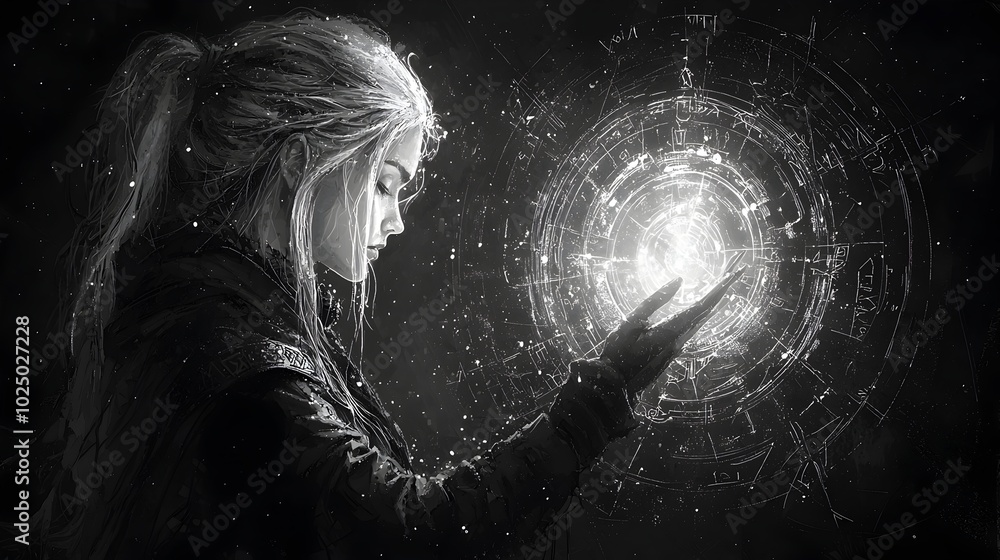 Dramatic line art depicting a female enchantress figure casting a dark ...