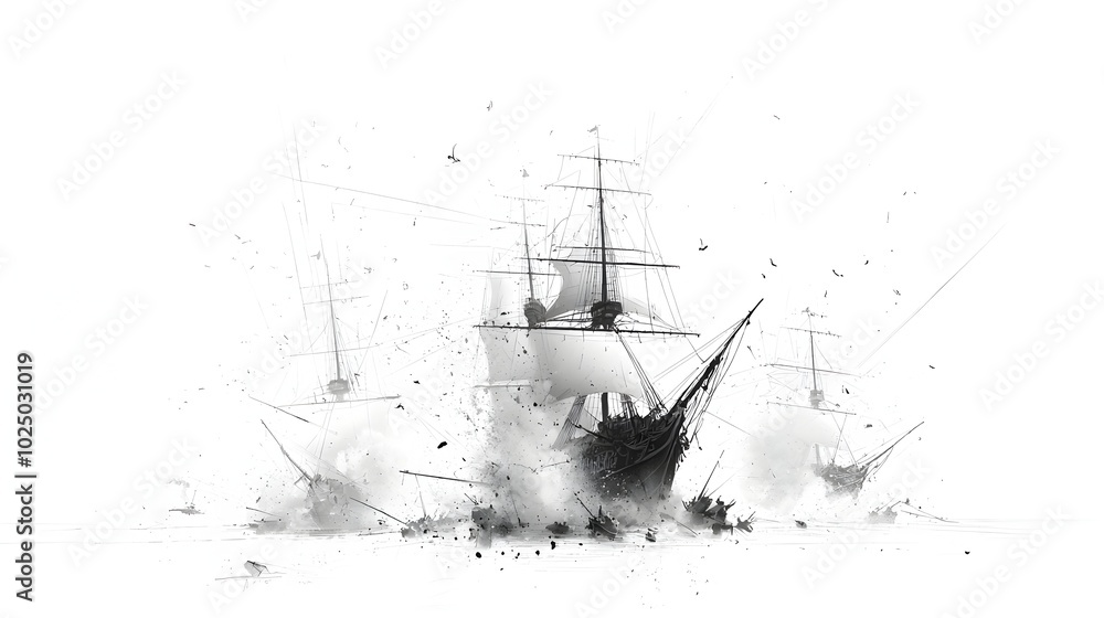 Intense Naval Battle Scene Illustrated With Ships Ramming Each Other ...
