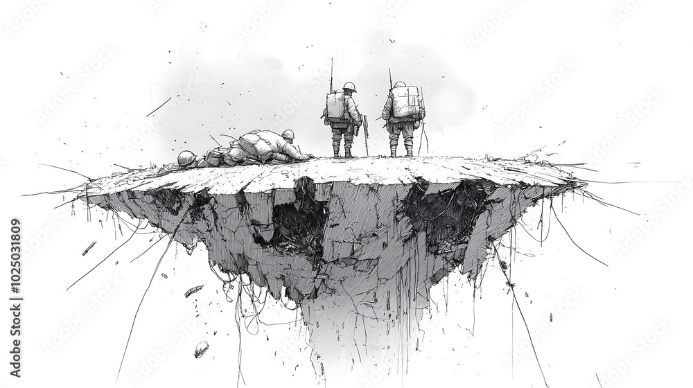 of soldiers huddled together in a dark gritty World War I trench with ...