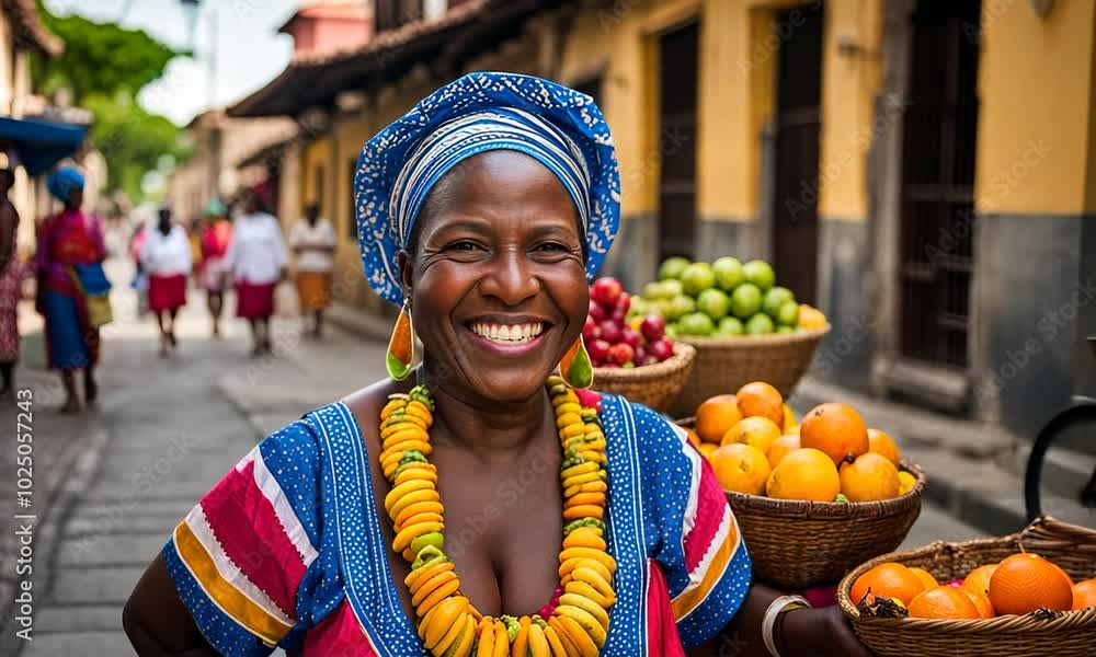 Cheerful fresh fruit street vendor aka Palenquera in the Old Town of ...