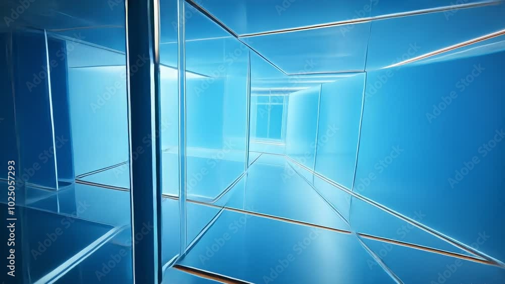 Geometric glass shapes in vibrant blue and orange hues create a dynamic ...