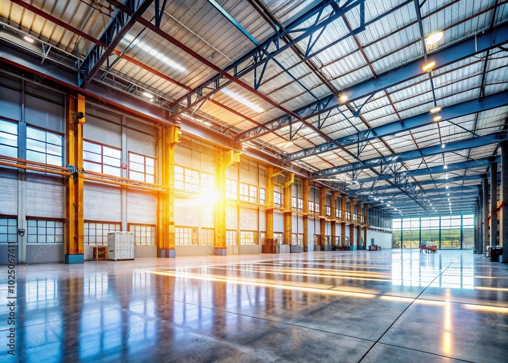 Bright Industrial Warehouse Interior with Sunlight Streaming Through ...