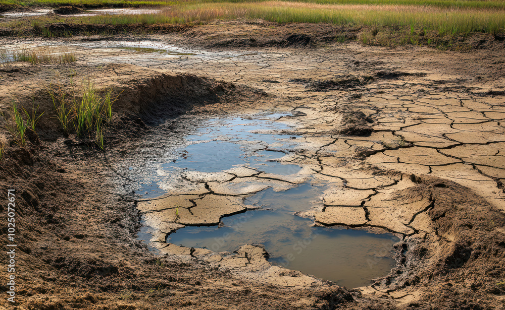 Severely drying wetlands swamps and ponds, leading to cracking of the ...