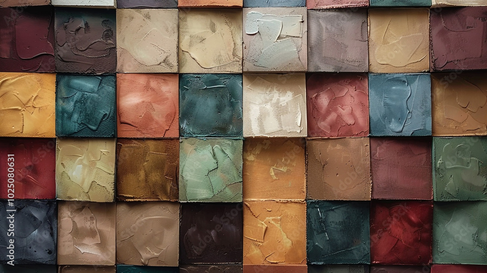 A modern wall of paint samples in a high-end studio, featuring shades ...