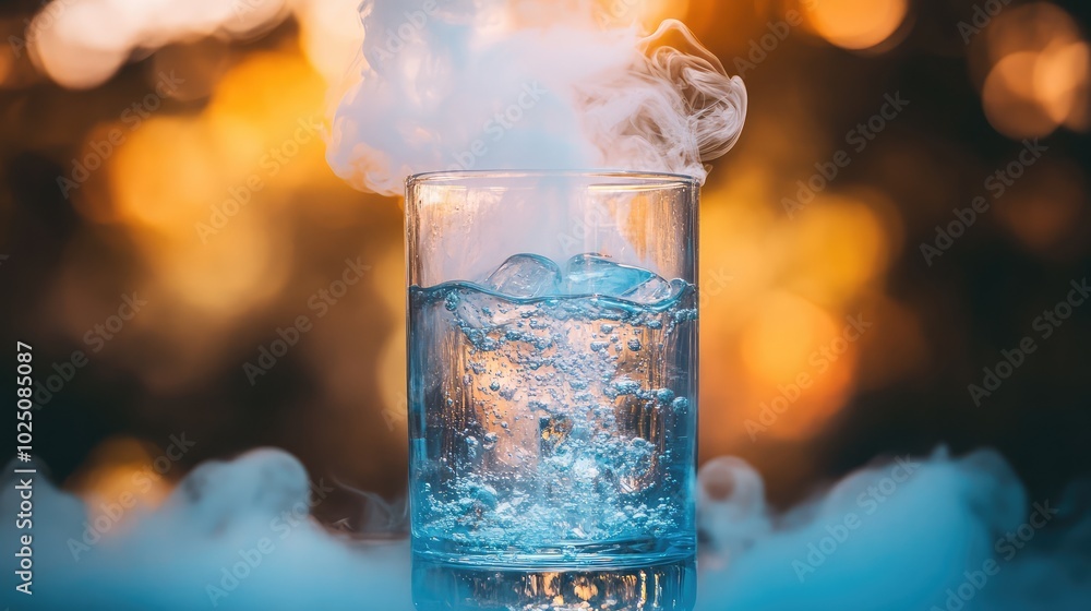 A tall glass filled with water and smoke rising from the surface ...
