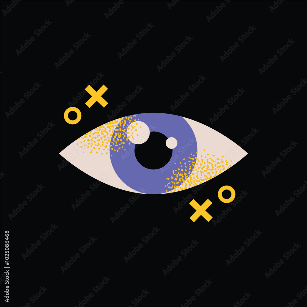 Purple eye with cross symbols on a black background. Vector ...
